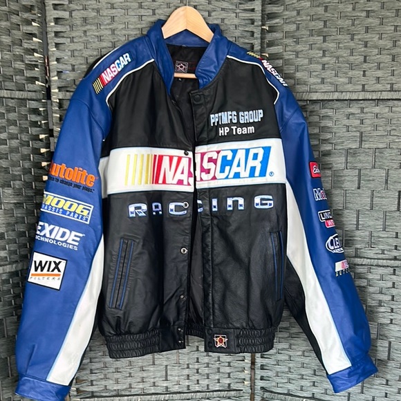 Nascar | Jackets & Coats | Nascar Black And Blue Leather Bomber Jacket ...